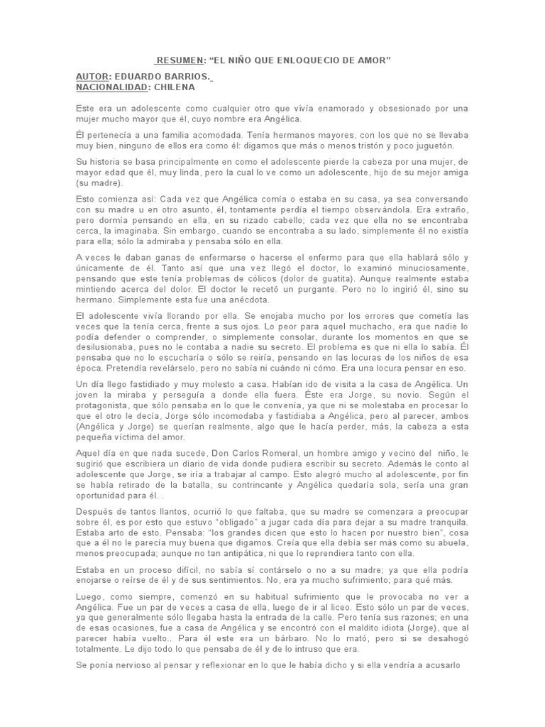 Resumen de "El niño que enloqueció de amor" | PDF
