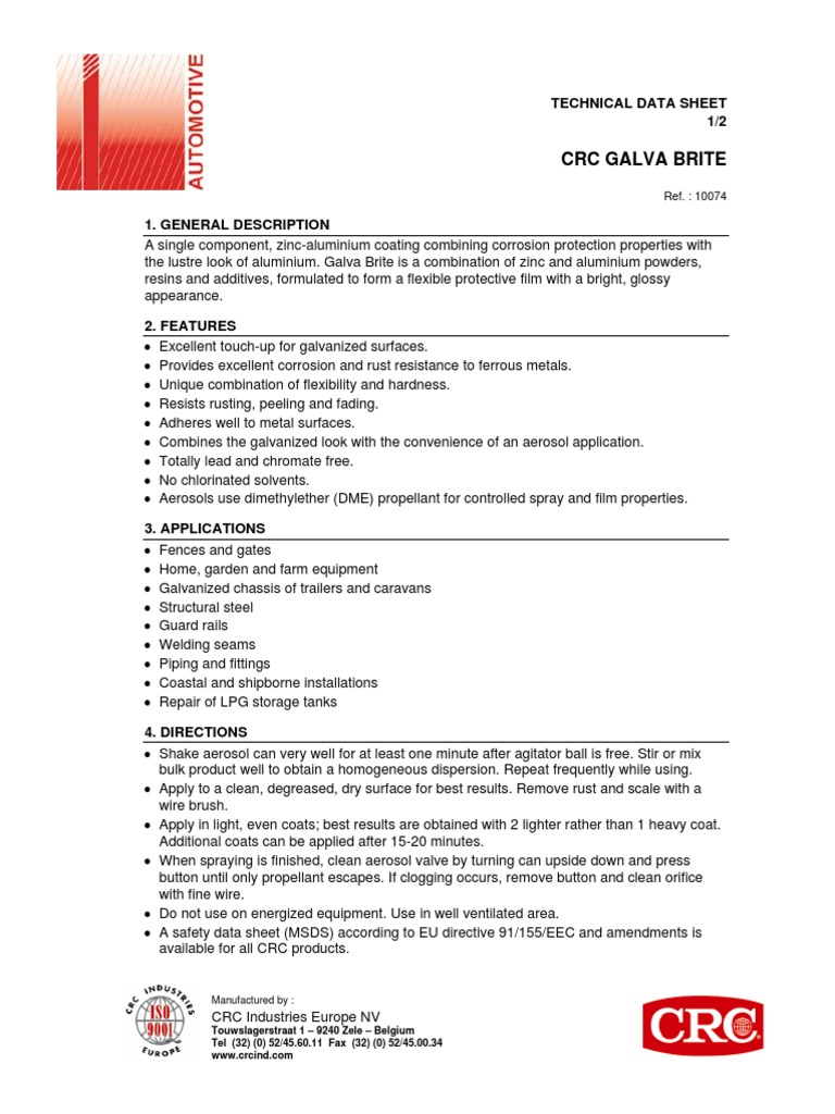CRC Galva Brite: Technical Data Sheet 1/2 | PDF | Rust | Galvanization