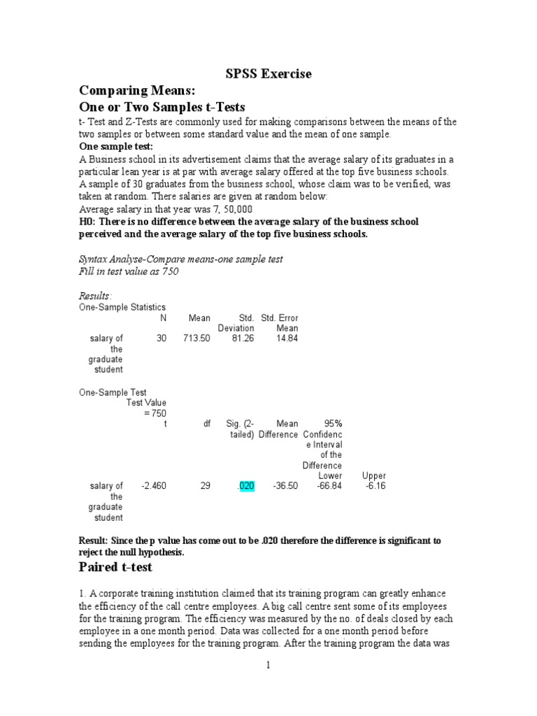 SPSS Exercise Comparing Means: One or Two Samples T-Tests | PDF ...