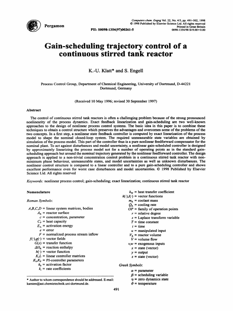 Gain-Scheduling - CSTR Klatt & Engell - 1998 | PDF | Control Theory | Nonlinear System