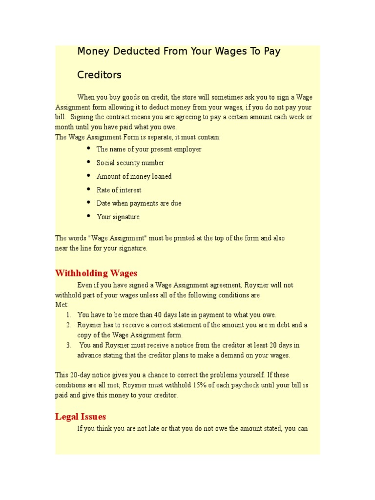 Money Deducted From Your Wages To Pay Creditors | PDF