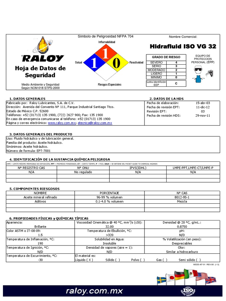 Hoja Seguridad Aceite Hidraulico Iso Vg32 | Sustancias químicas | Química