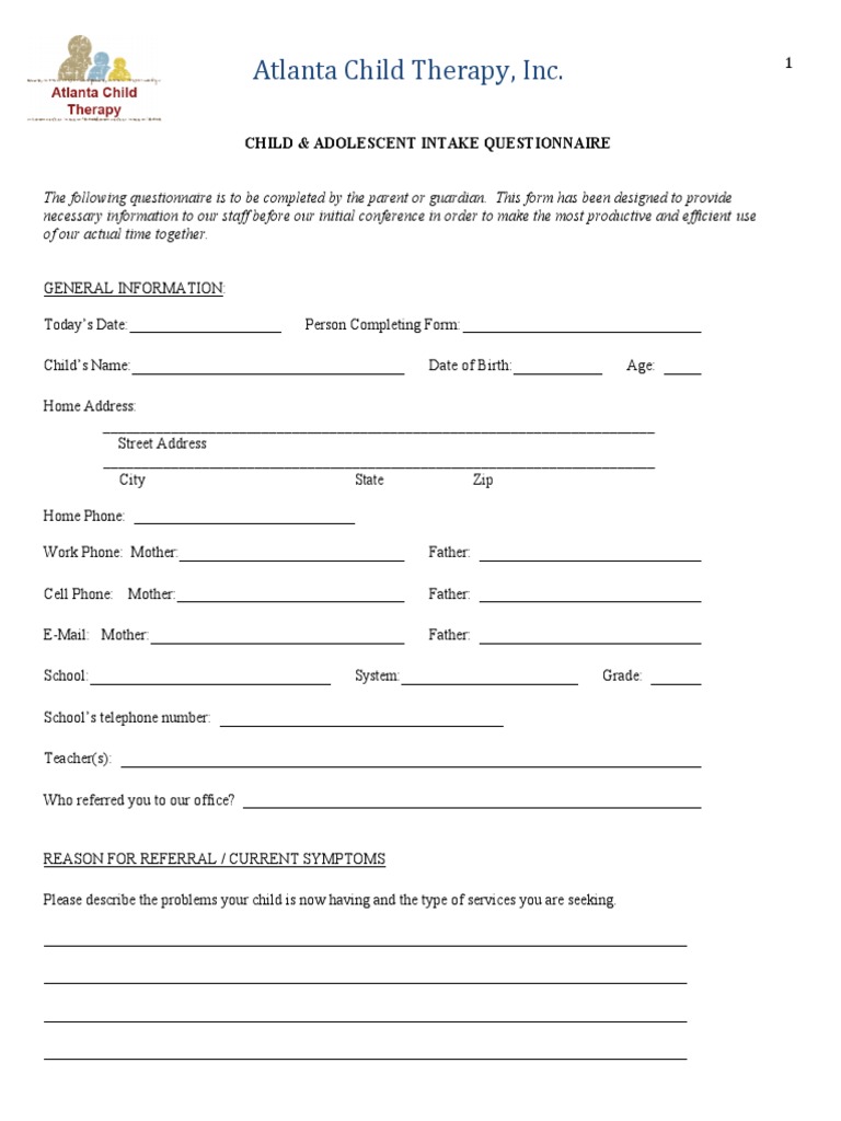 ACT_Child and Adolescent Intake Questionnaire | Attention Deficit ...