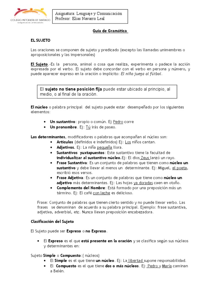Guía sobre la gramática de la oración: El sujeto y el predicado | PDF ...
