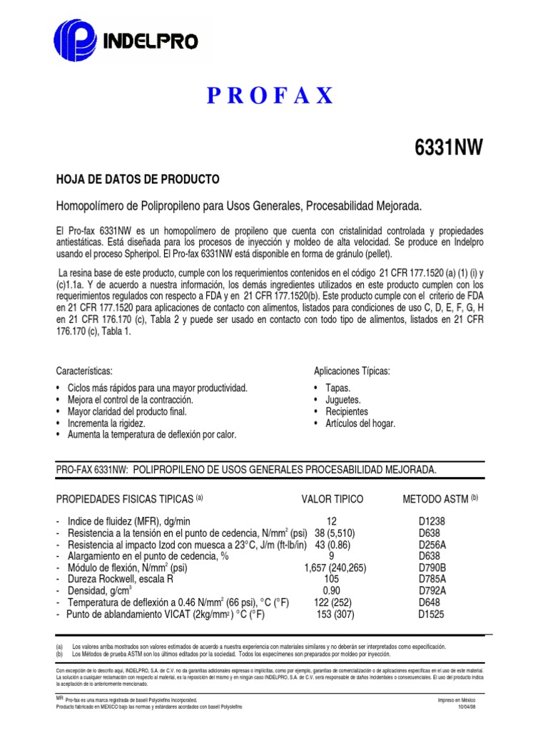 Pro-fax 6331: Polipropileno Mejorado | PDF | Materiales | Alimentos