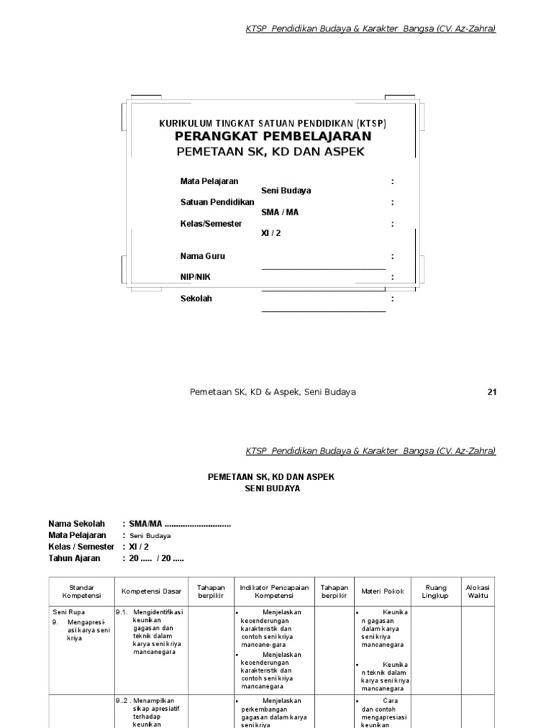 Pemetaan SK KD Seni Budaya Kelas Xi SMT 2 | PDF