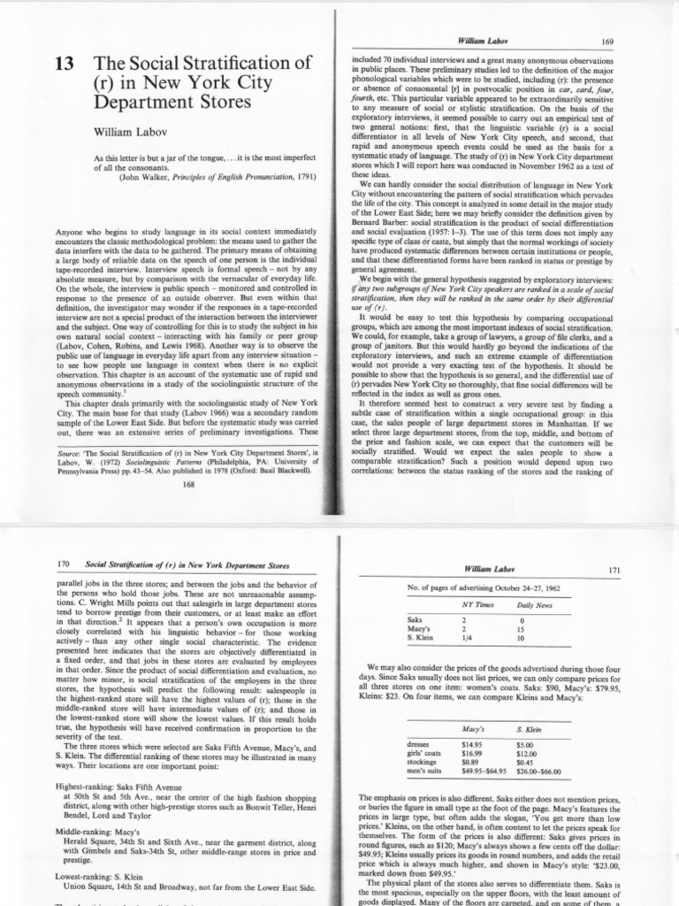 Labov, W. The Social Stratification of R in New York City Department ...