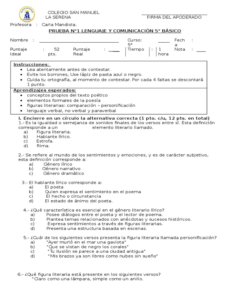 Prueba de Poesía 5° Básico | PDF | Rima | Poesía