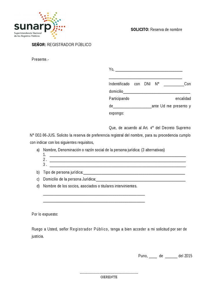 Solicitud de Reserva de Nombre SUNARP | PDF | Derecho