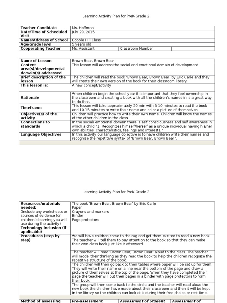 Brown Bear Lesson Plan for PreK | PDF | Educational Assessment | Lesson ...