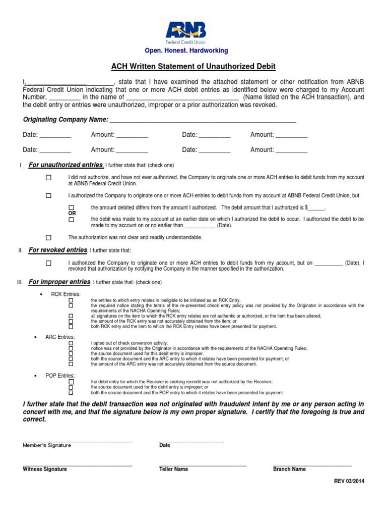 ACH Written Statement OF Unauthorized Debit 03 13 14.pdf | Debits And ...