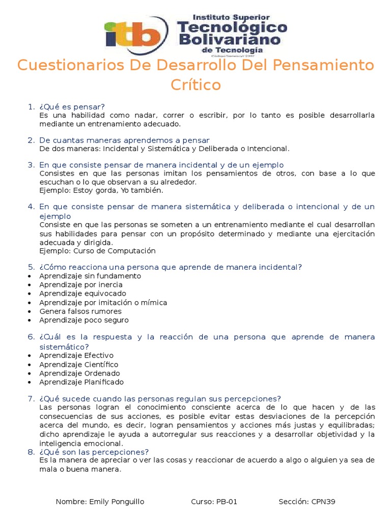 Cuestionarios de Desarrollo Del Pensamiento Crítico | Pensamiento ...