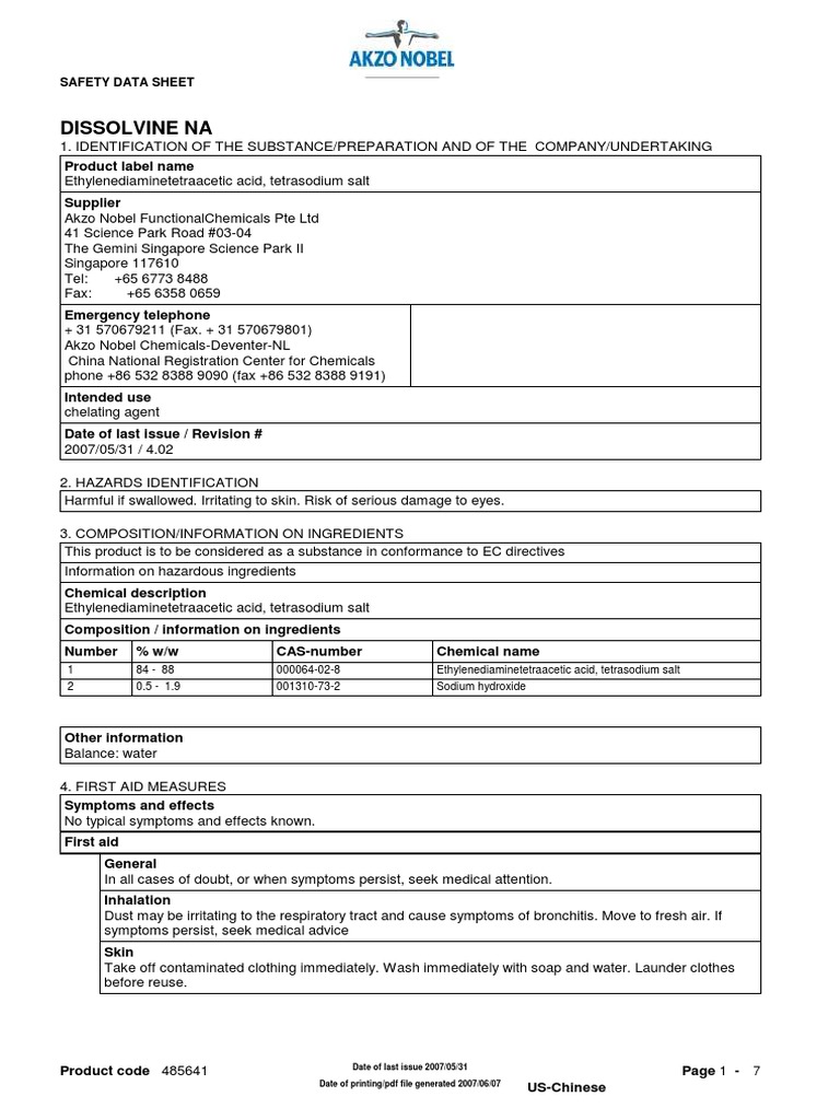 Edta 4na Msds | Sodium | Solubility