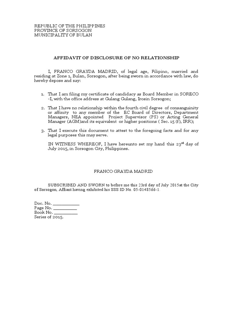 Affidavit of No Relationship Disclosure | PDF