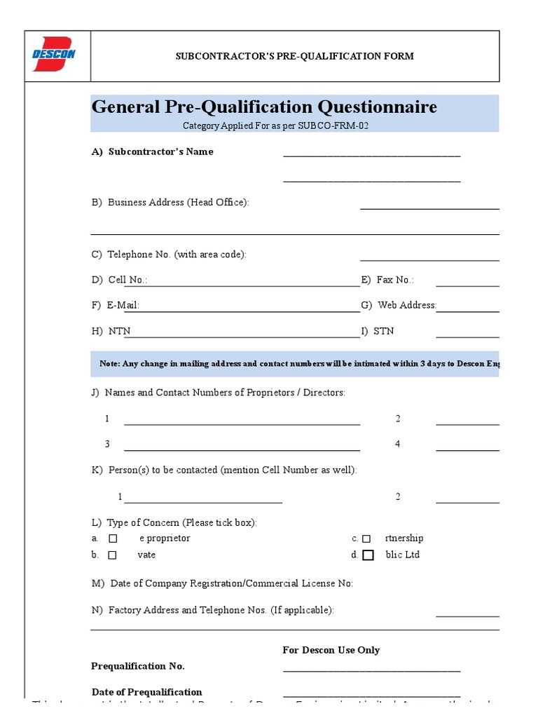 SUBCO-FRM-01 Subcontractor's Prequalification Form | PDF | Furnace | Metal Fabrication