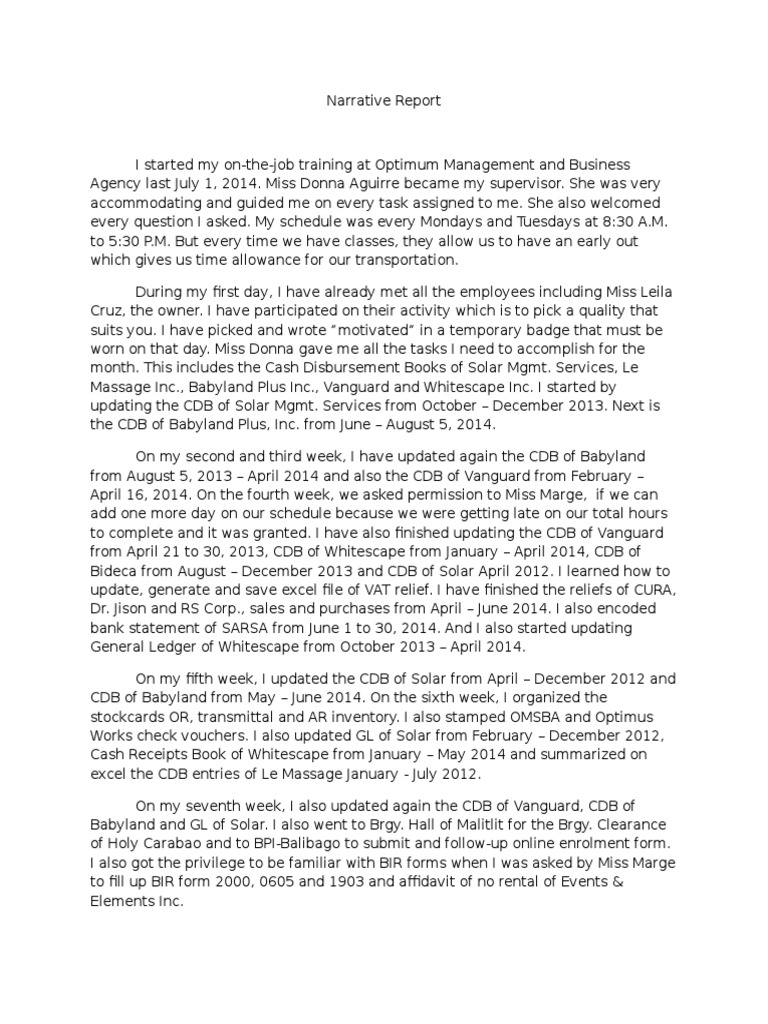 Narrative Report Sample | PDF | Accounting | Business
