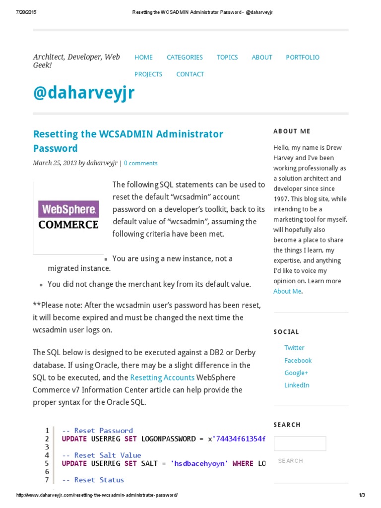 Resetting The WCSADMIN Administrator Password - @daharveyjr | PDF | Oracle Database | Ibm Db2