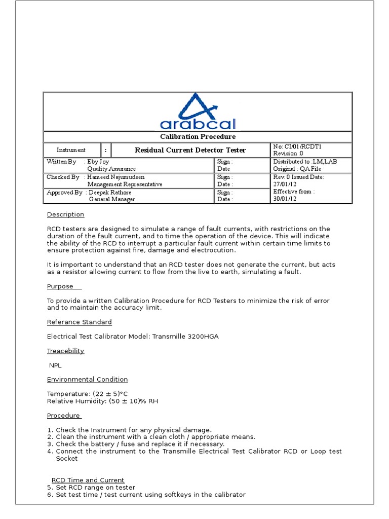RCD Tester Rev.1 Sop | PDF | Calibration | Engineering