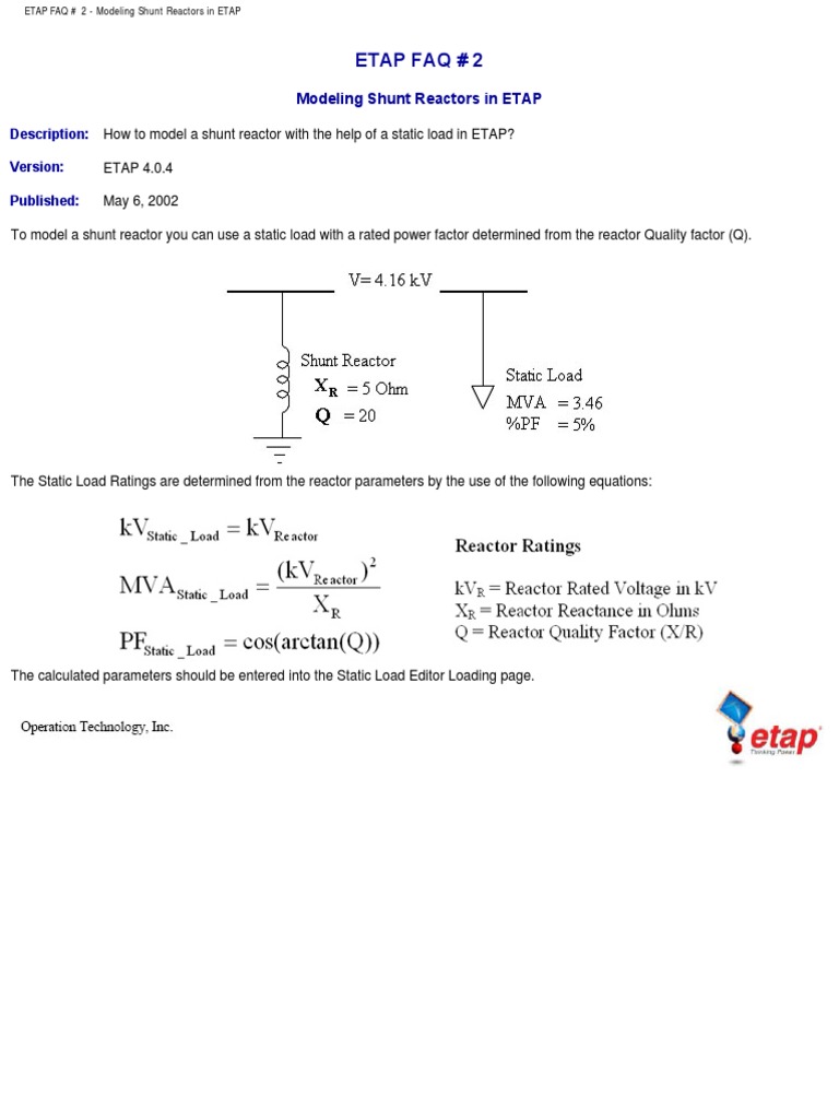 Shunt Reactor Modeling in ETAP | PDF