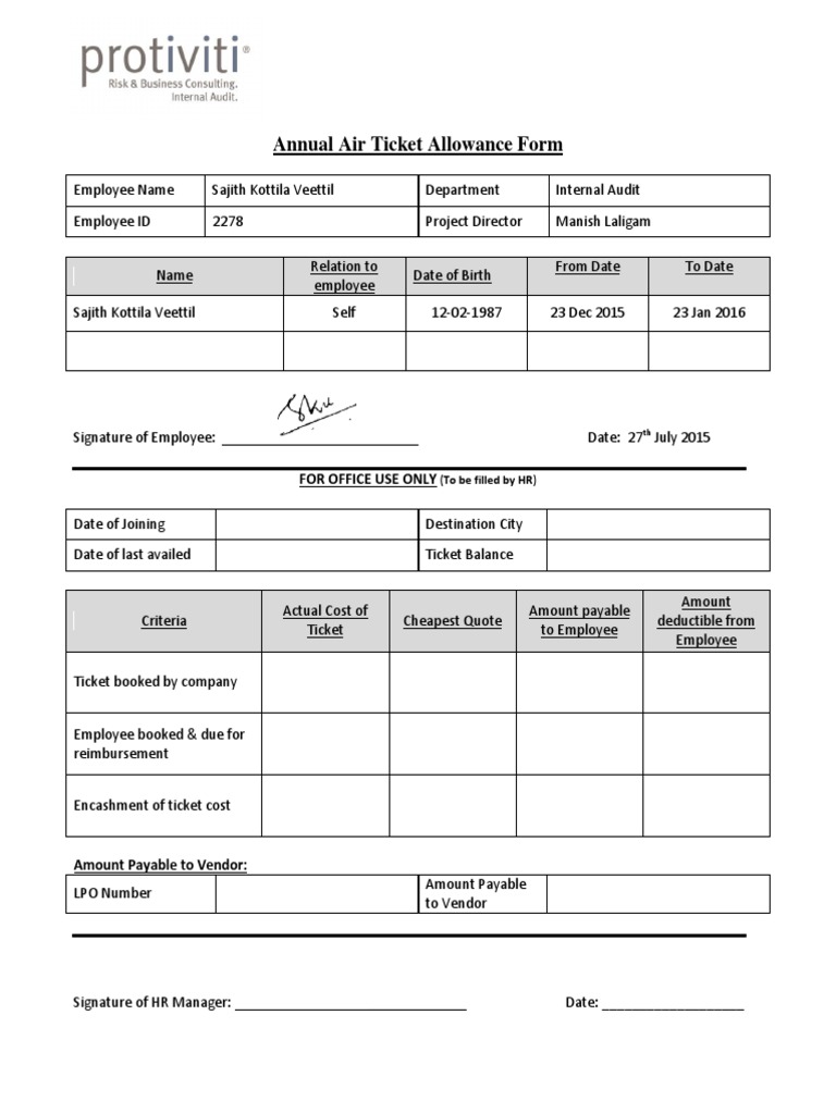 Annual Air Ticket Allowance Request Form - Sajith | PDF