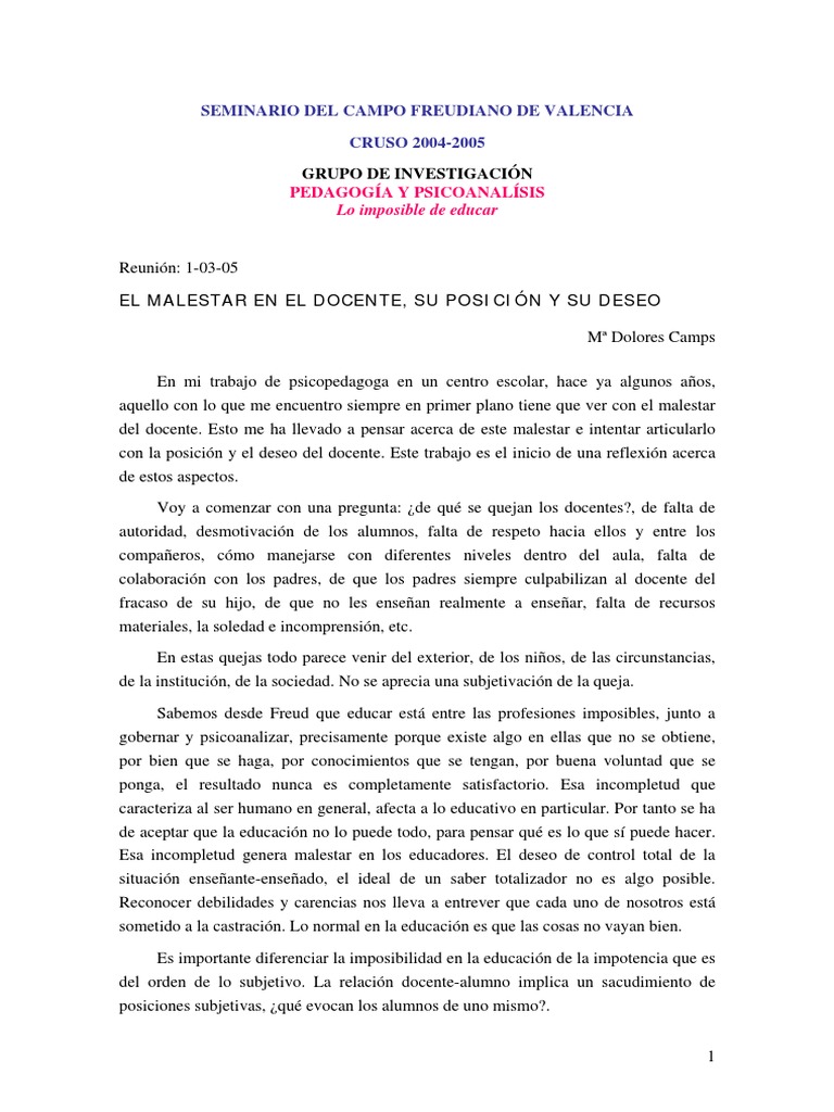 El Malestar en El Docente Su Posicion y Su Deseo | PDF