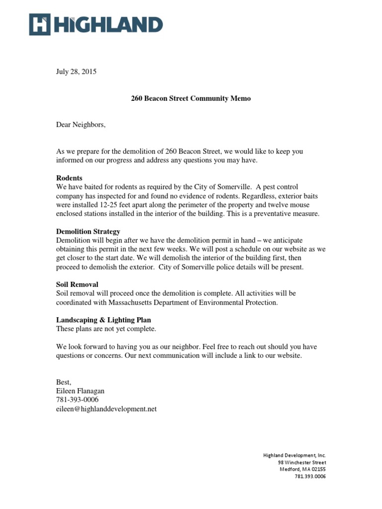 260 Beacon Street Community Memo: Highland Development, Inc. 98 ...