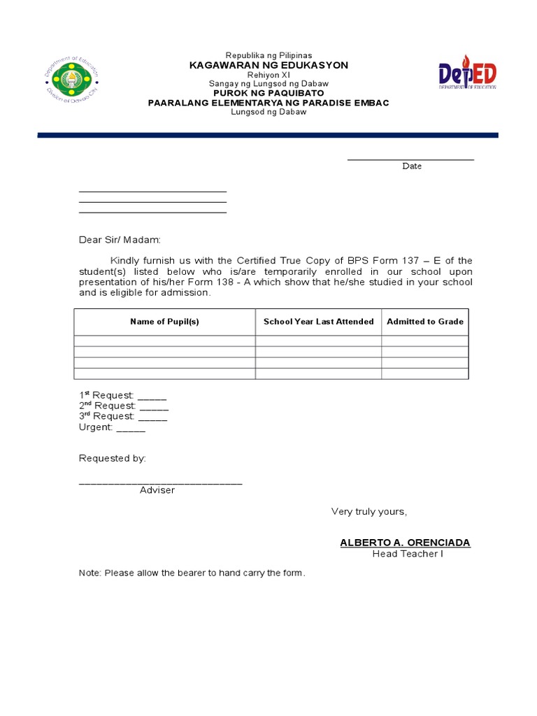 Request Letter For Form 137-A | PDF
