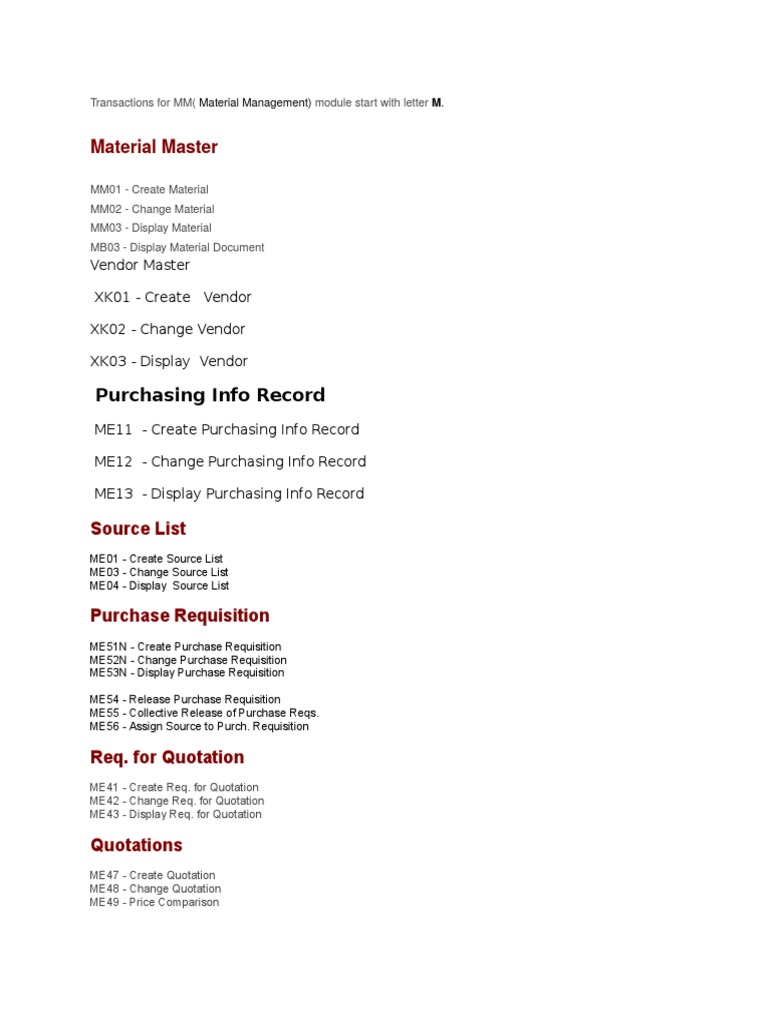 Transactions Codes for MM | Sap Se | Business