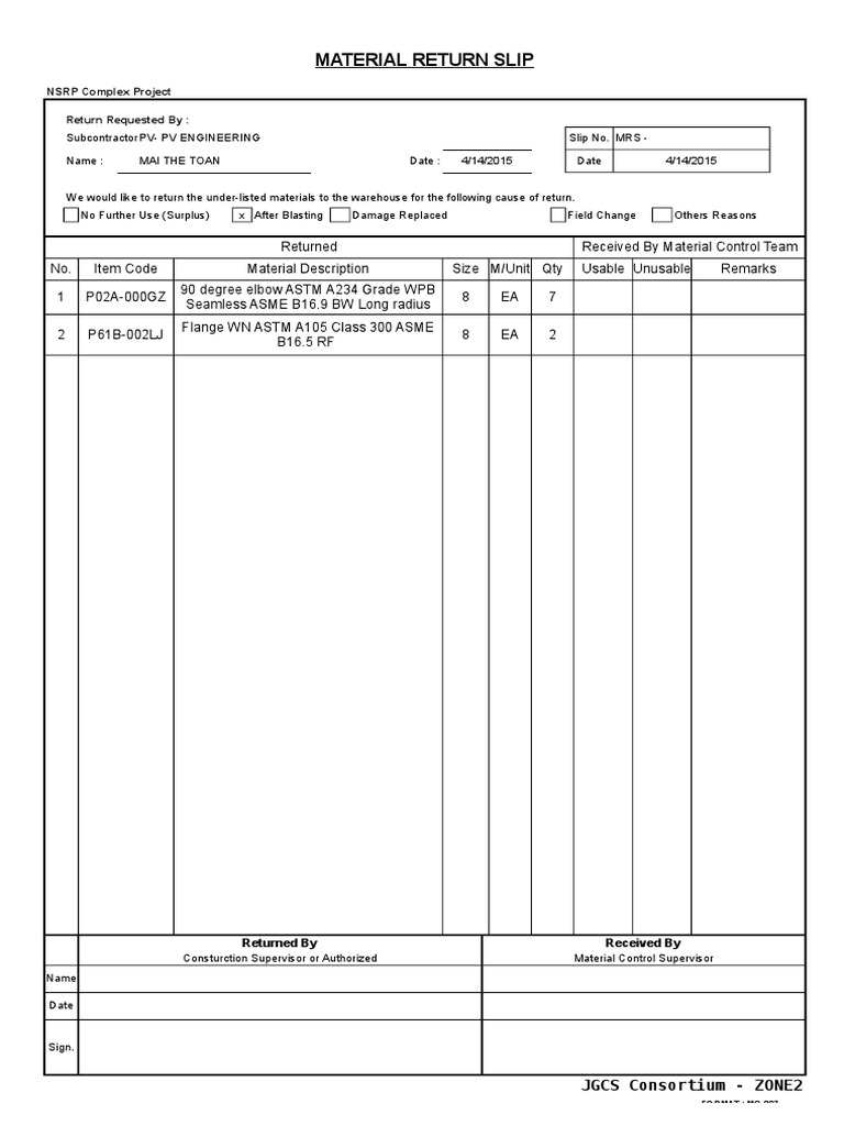 Material Return Slip MC-007 Template | PDF