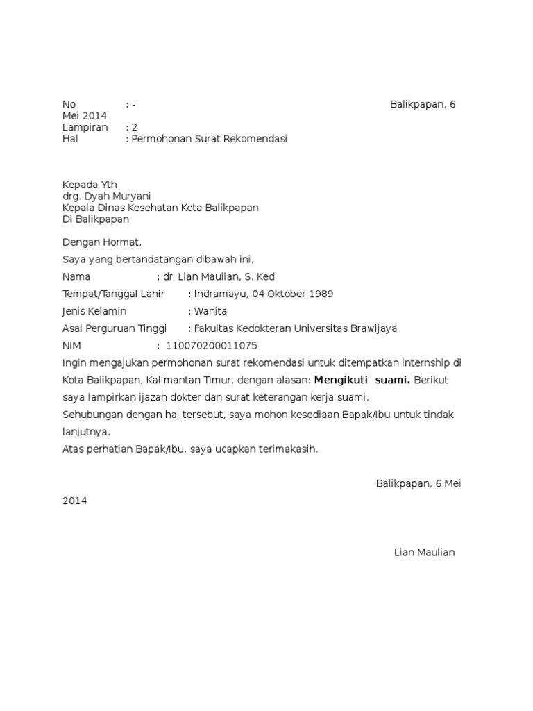 Permohonan Surat Rekomendasi untuk Internship di Balikpapan | PDF