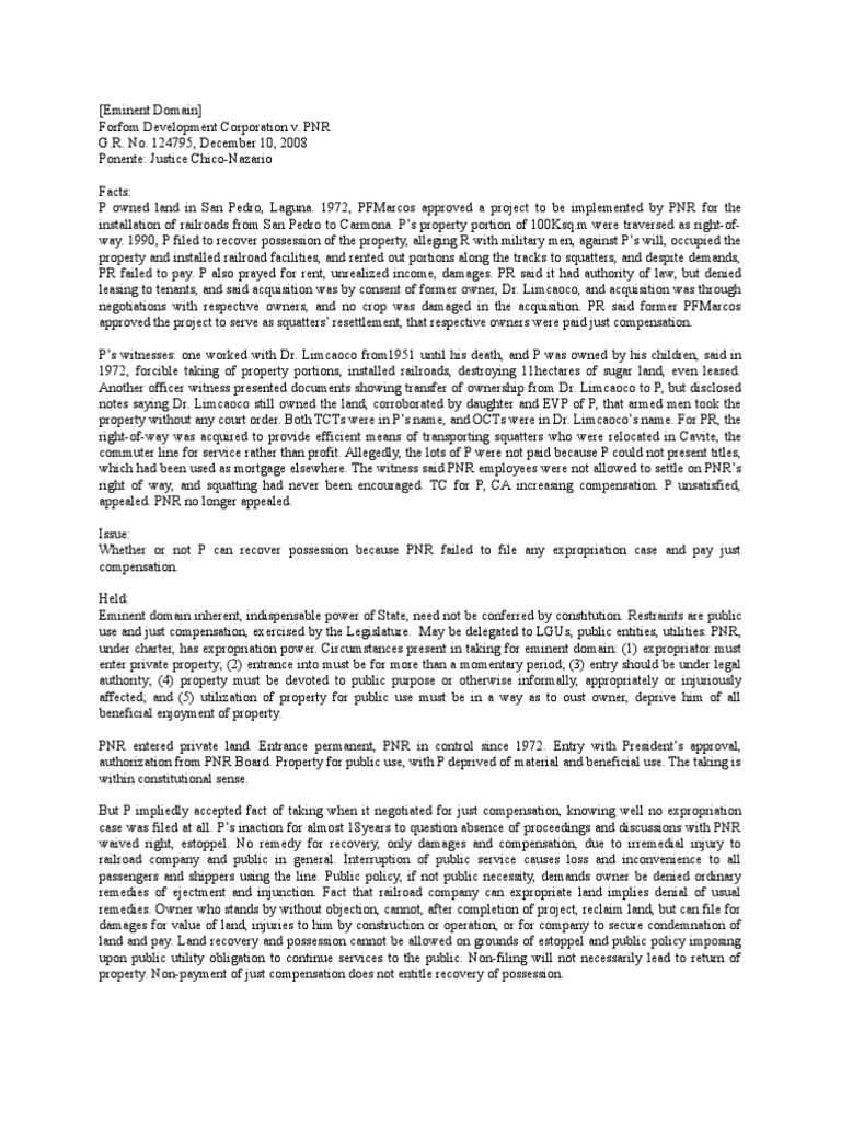 Forfom Development v. PNR, Case Digest | PDF | Eminent Domain | Lease