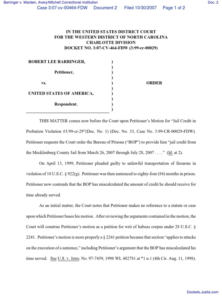 Barringer v. Warden, Avery/Mitchell Correctional Institution - Document No. 2 | PDF | Legal ...