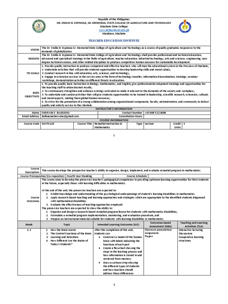 Obe Syllabus Math 115 | PDF