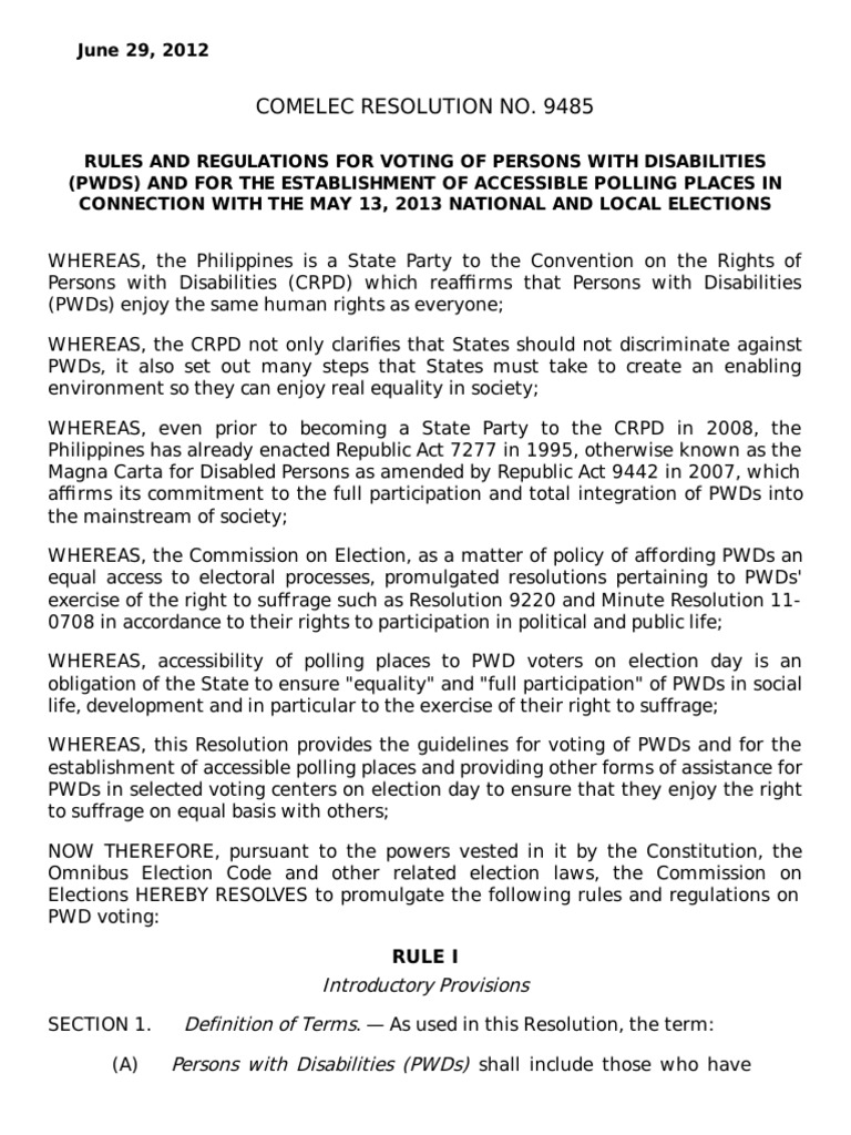 COMELEC Resolution 9485 Voting of PWD | PDF | Polling Place | Voting