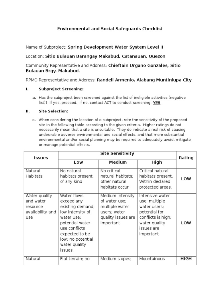 Environmental and Social Safeguards Checklist - Workshop | PDF ...