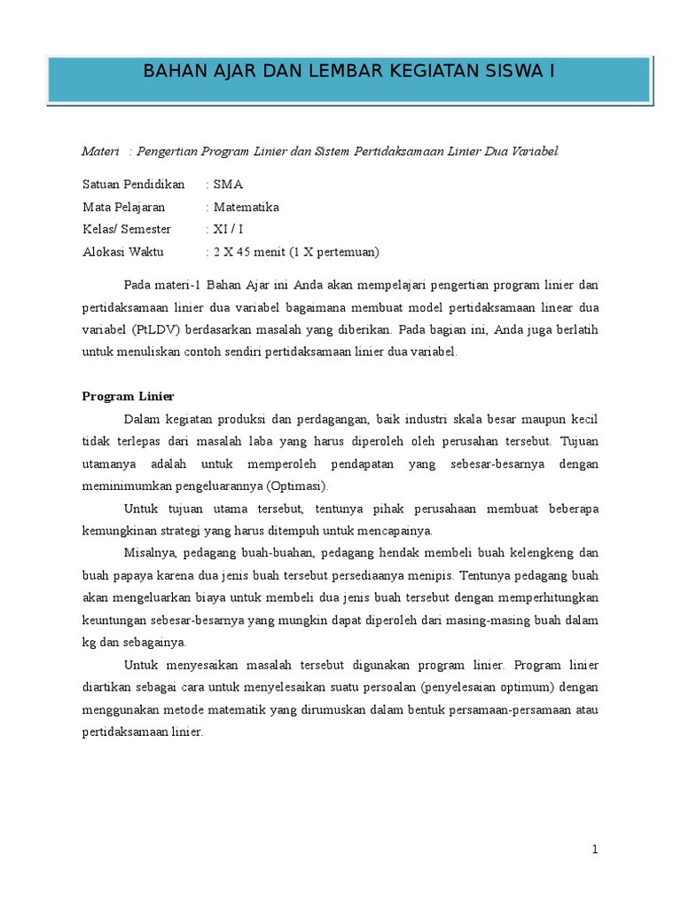 Bahan Ajar Program Linear | PDF | Metode & Bahan Ajar | Seni