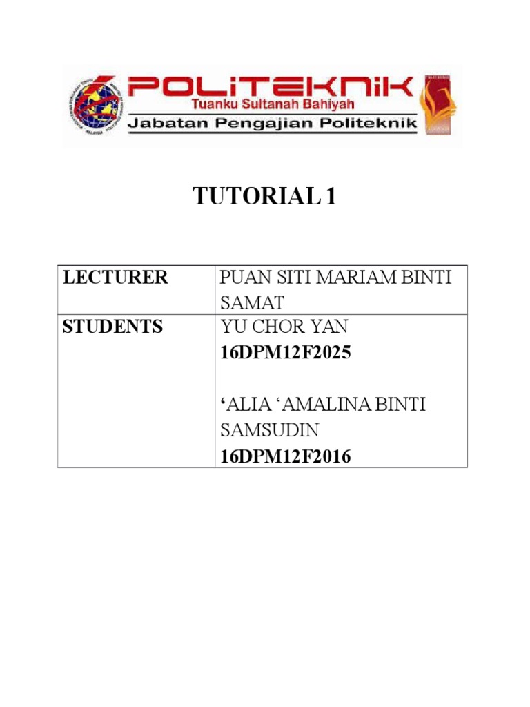 Tutorial 1: Lecturer Students 16DPM12F2025 Alia Amalina Binti ...