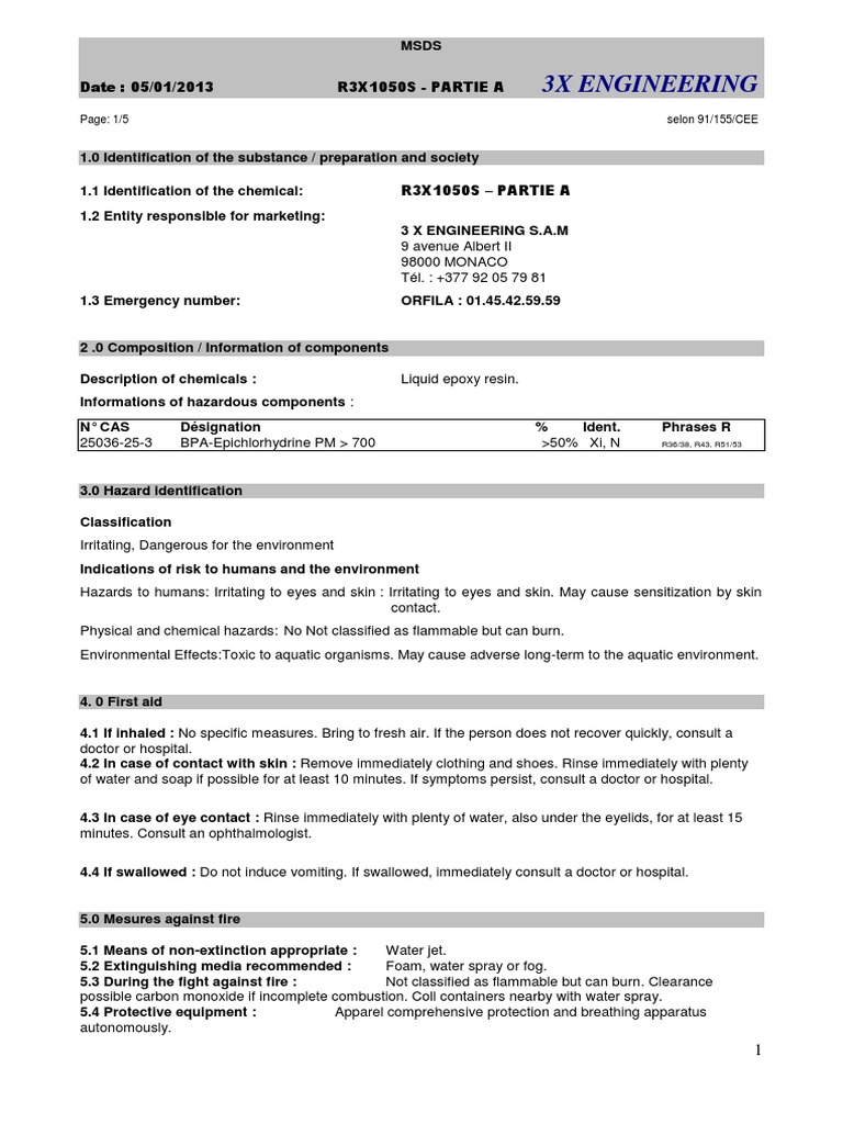 Resin R3X1050S - Material Safety Data Sheet - Part A | Toxicity | Materials