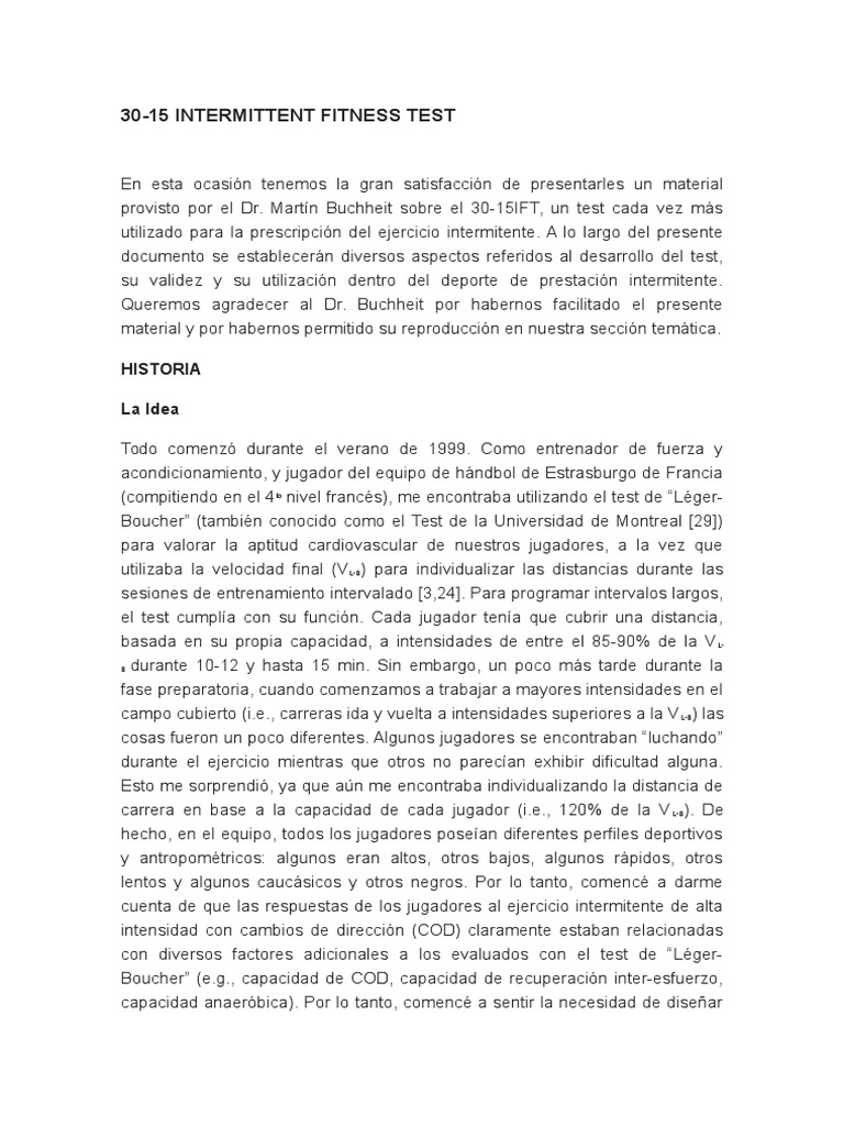 Test 30-15: Evaluación Fitness Intermitente | PDF | Ejercicio físico ...