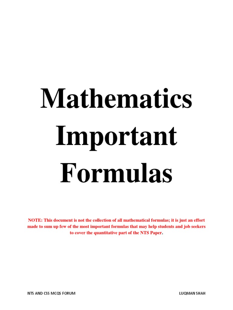 List of Important Formula For Maths | PDF | Area | Percentage