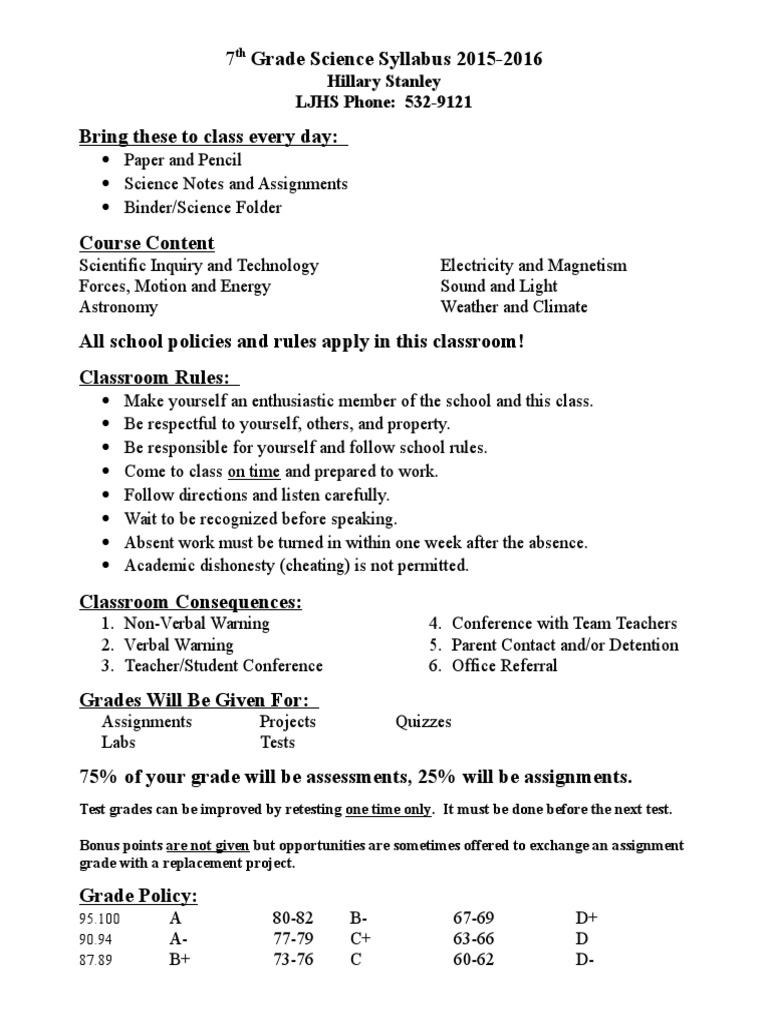 7th Grade Science Syllabus Overview | PDF | Teaching Methods ...