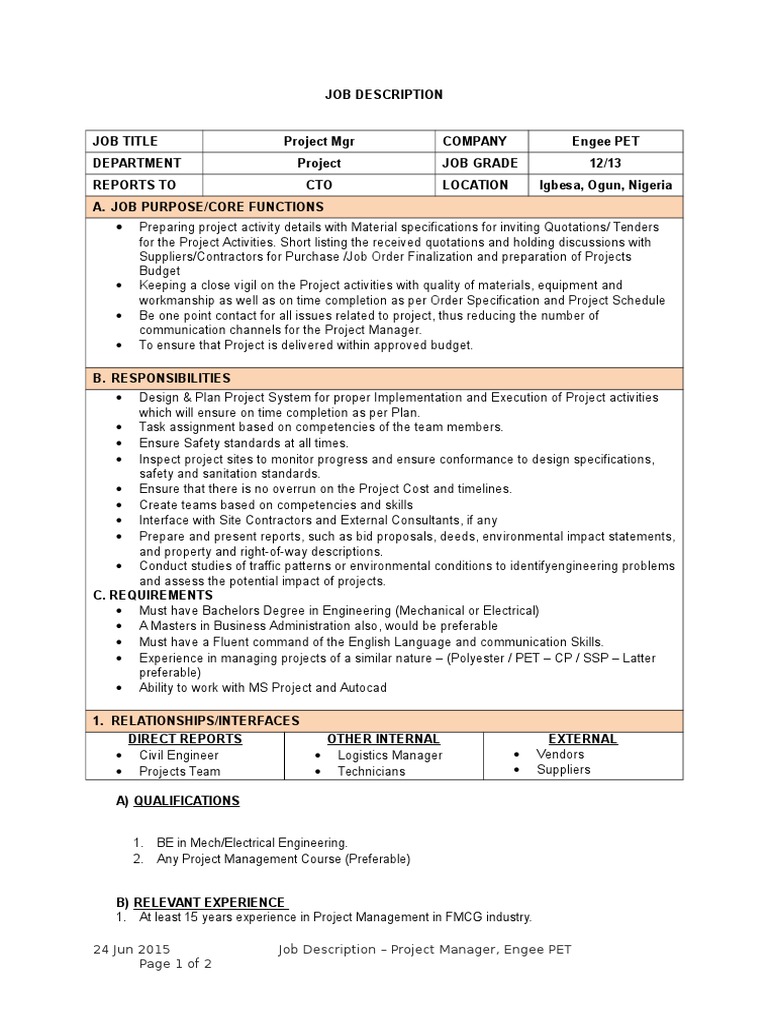 JD - Project Manager | PDF | General Contractor | Competence (Human Resources)