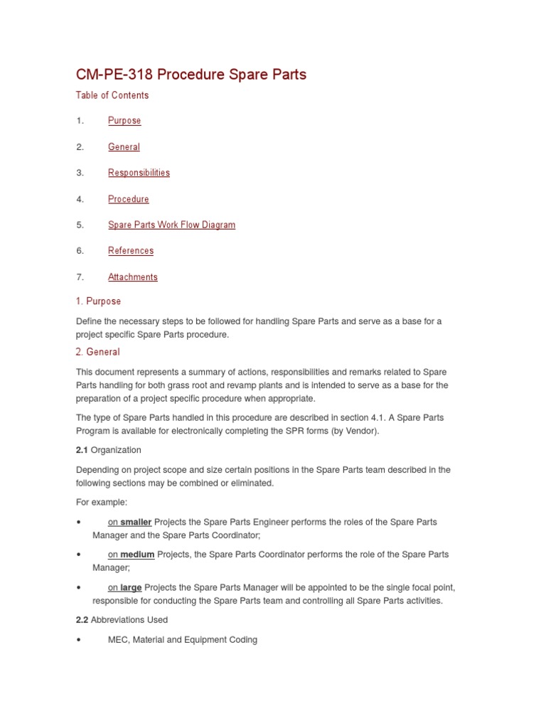 Spare Parts Handling Procedure | PDF | Specification (Technical ...