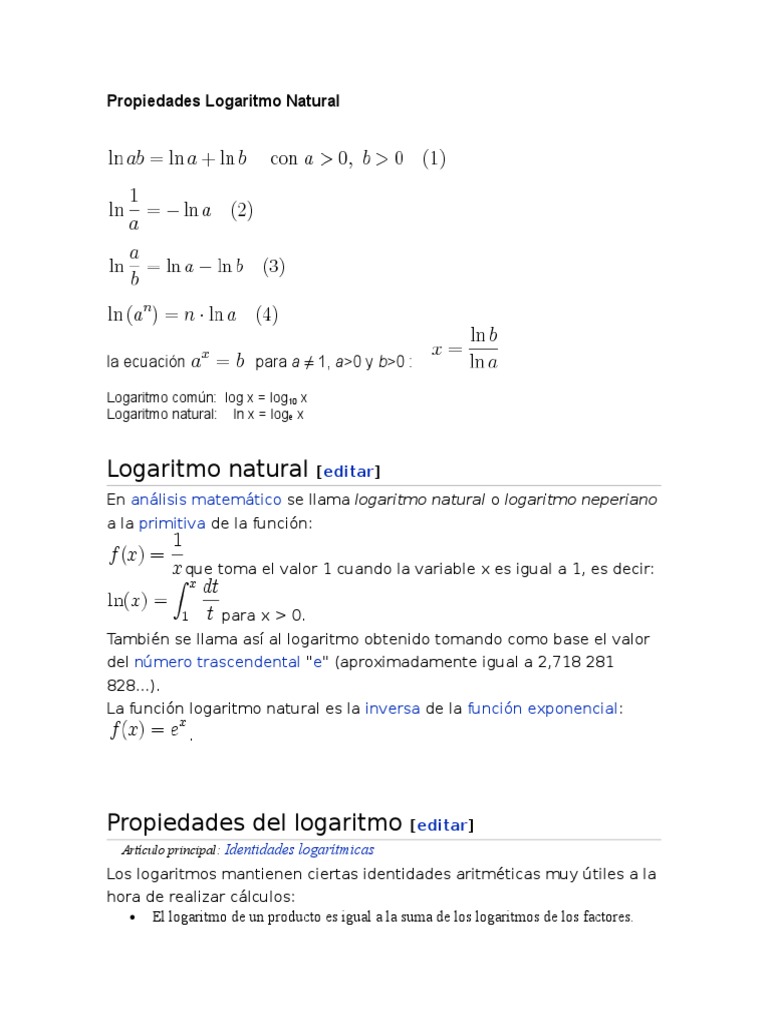 Propiedades Logaritmo Natural | PDF | Logaritmo | Exponenciación