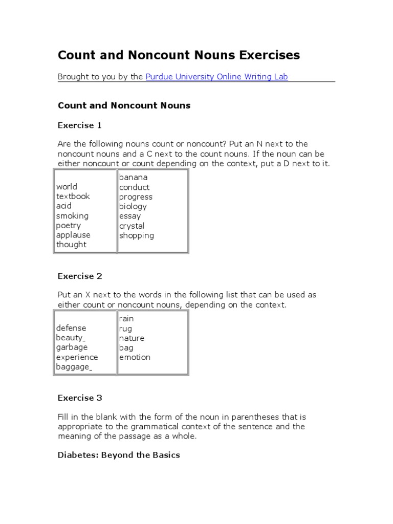 Count and Noncount Nouns Exercises | PDF | Noun | Cognitive Science