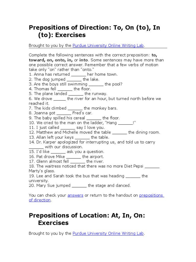 Prepositions of Direction Worksheet | PDF