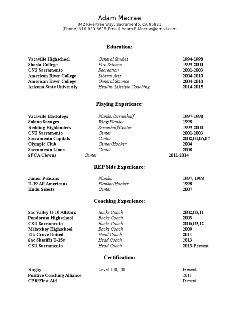Adam Macrae's Rugby Coaching CV | PDF