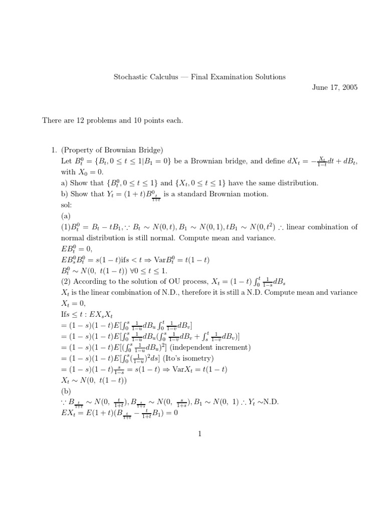 Stochastic Calculus Final Exam With Solutions | PDF | Mathematical ...