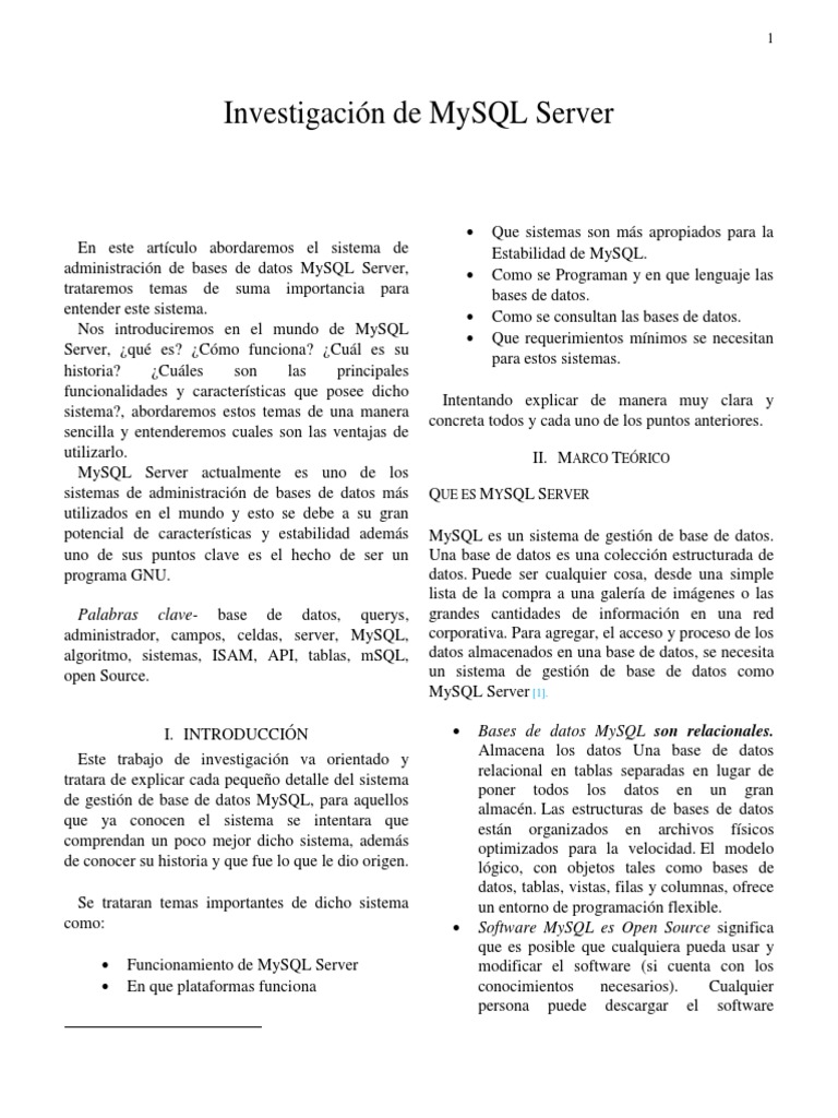 Investigacion Sobre MySQL Server | PDF | Mi sql | SQL
