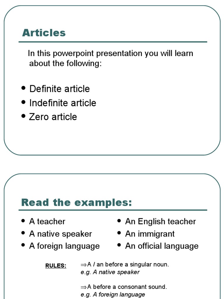 Definite and Indefinite Articles | PDF | English Language | Morphology
